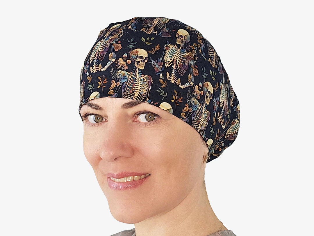 Skeleton, Bones and Skull Scrub Cap, Anatomy Women Surgical Hat, Nurse ...