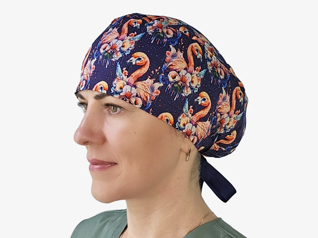 Pink Flamingo Scrub Caps, Floral Scrub Hat Ponytail, Surgery Cap for ...