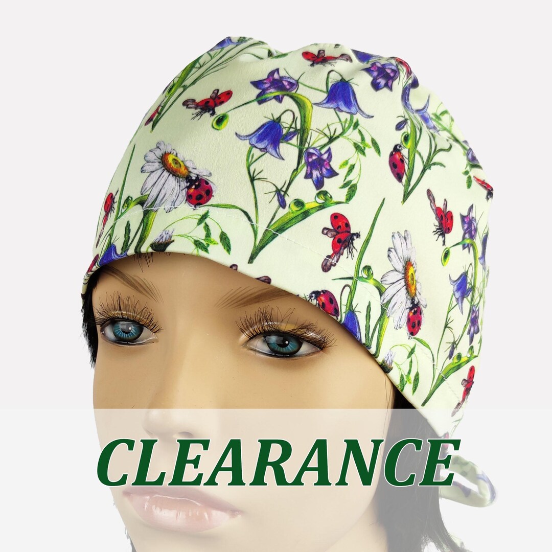 Floral Ladybug Nurse Scrub Hat With Buttons, Soft Cotton Surgical Cap ...
