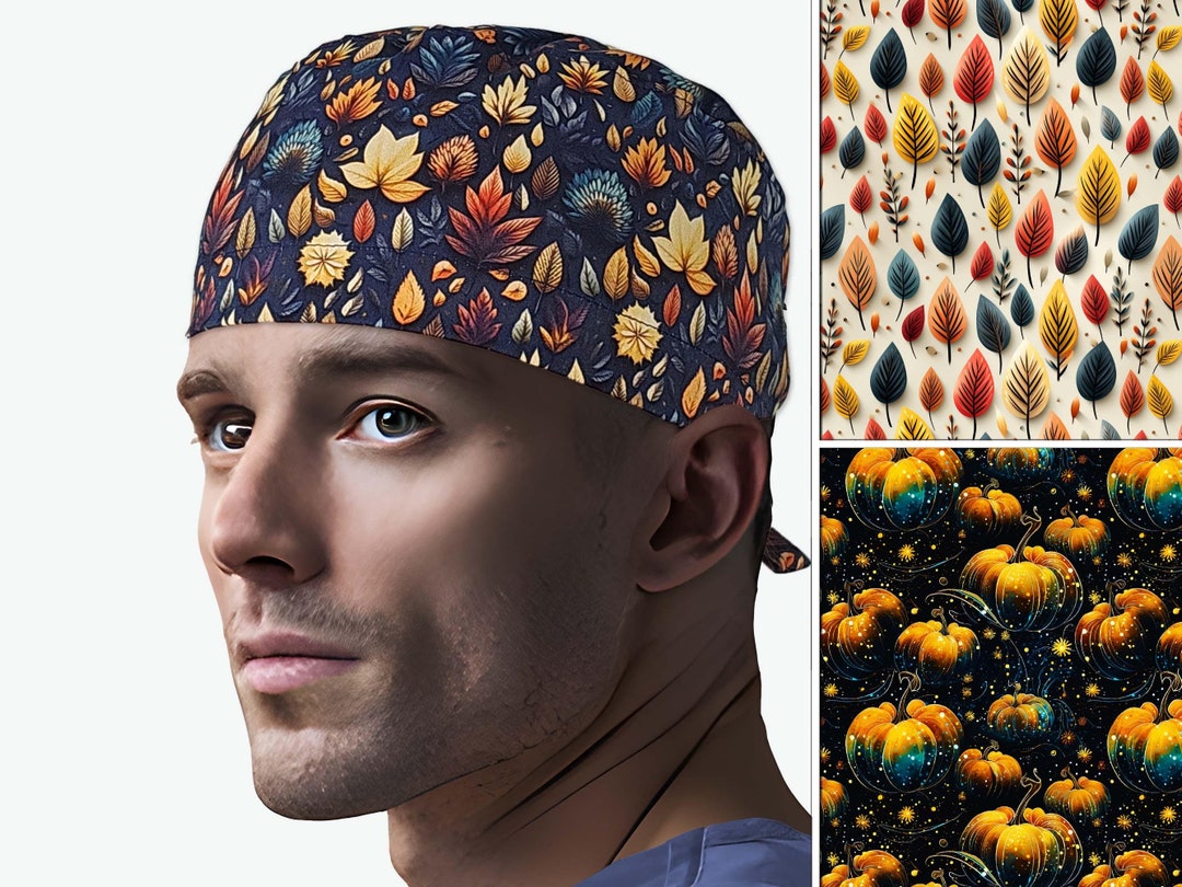 Fall Scrub Cap, Man Surgical Hat With Buttons, Tie Back Scrub Cap for ...