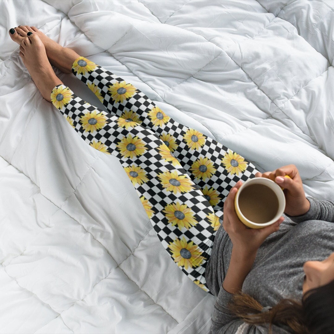 Checkerboard Sunflower Leggings for Women, Sunflower Yoga Pants, Floral ...
