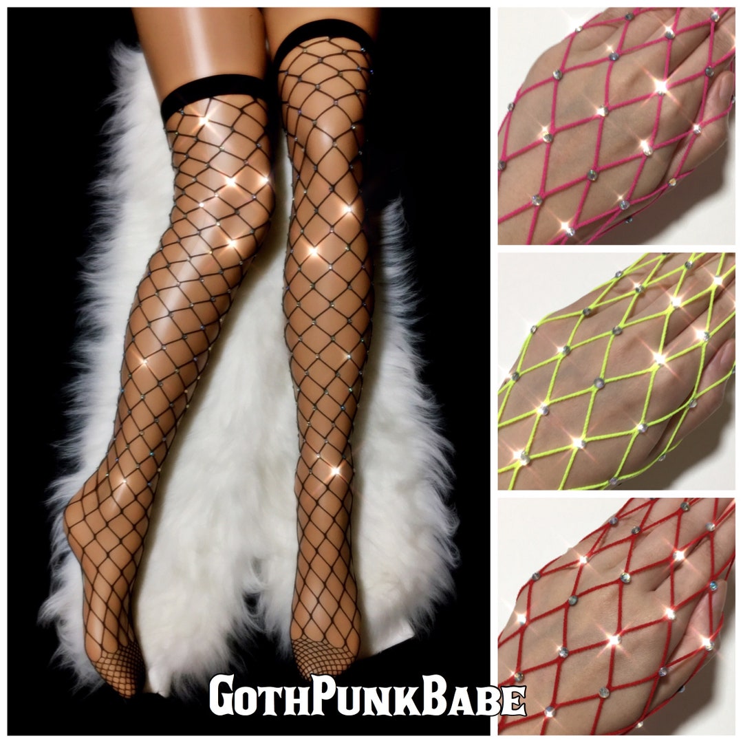 Black Crystal Thigh High Fishnet Socks. Red Pink Festival Race ...