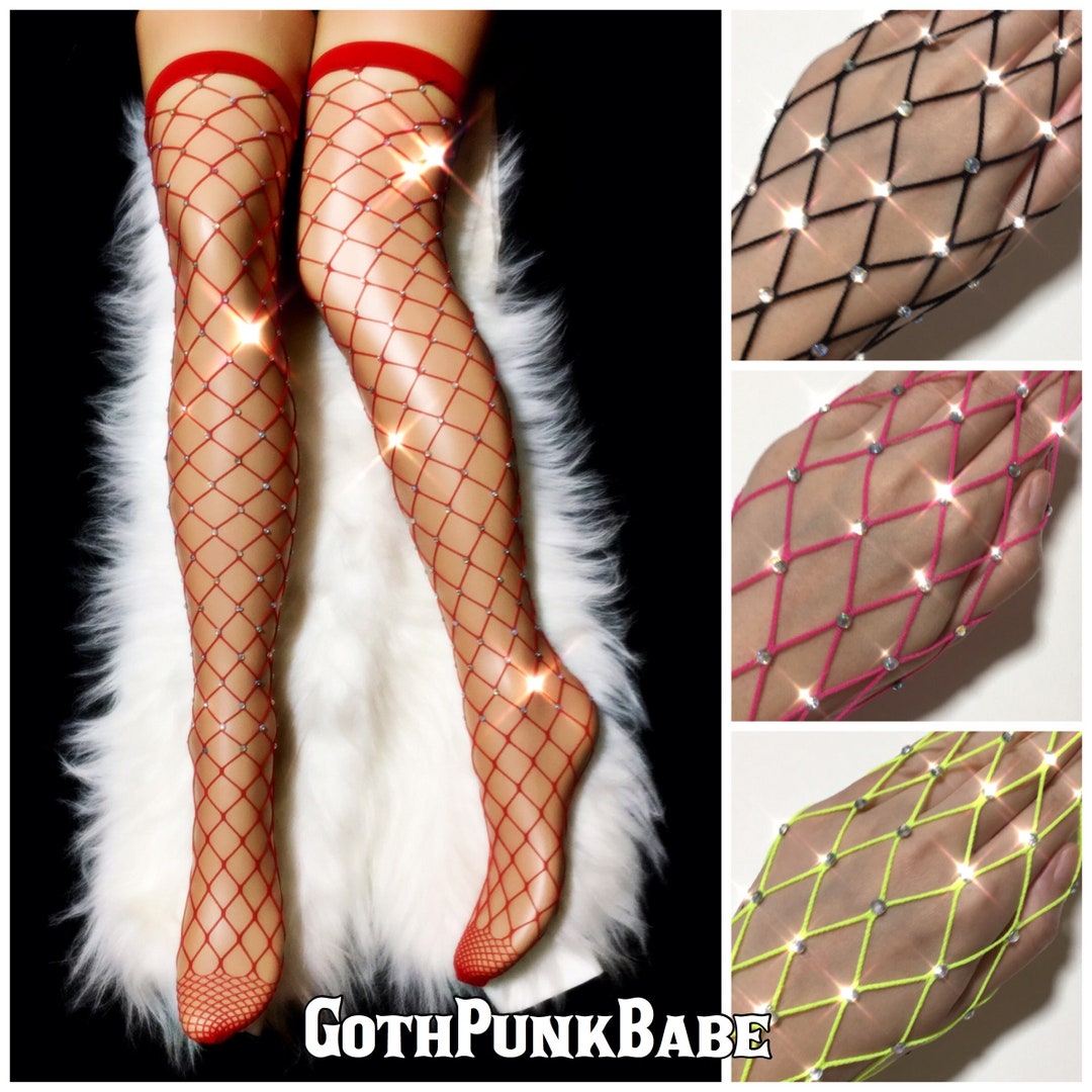 Red Crystal Thigh High Fishnet Socks. Black Pink Festival Race Rhinestone Fishnet Socks ...