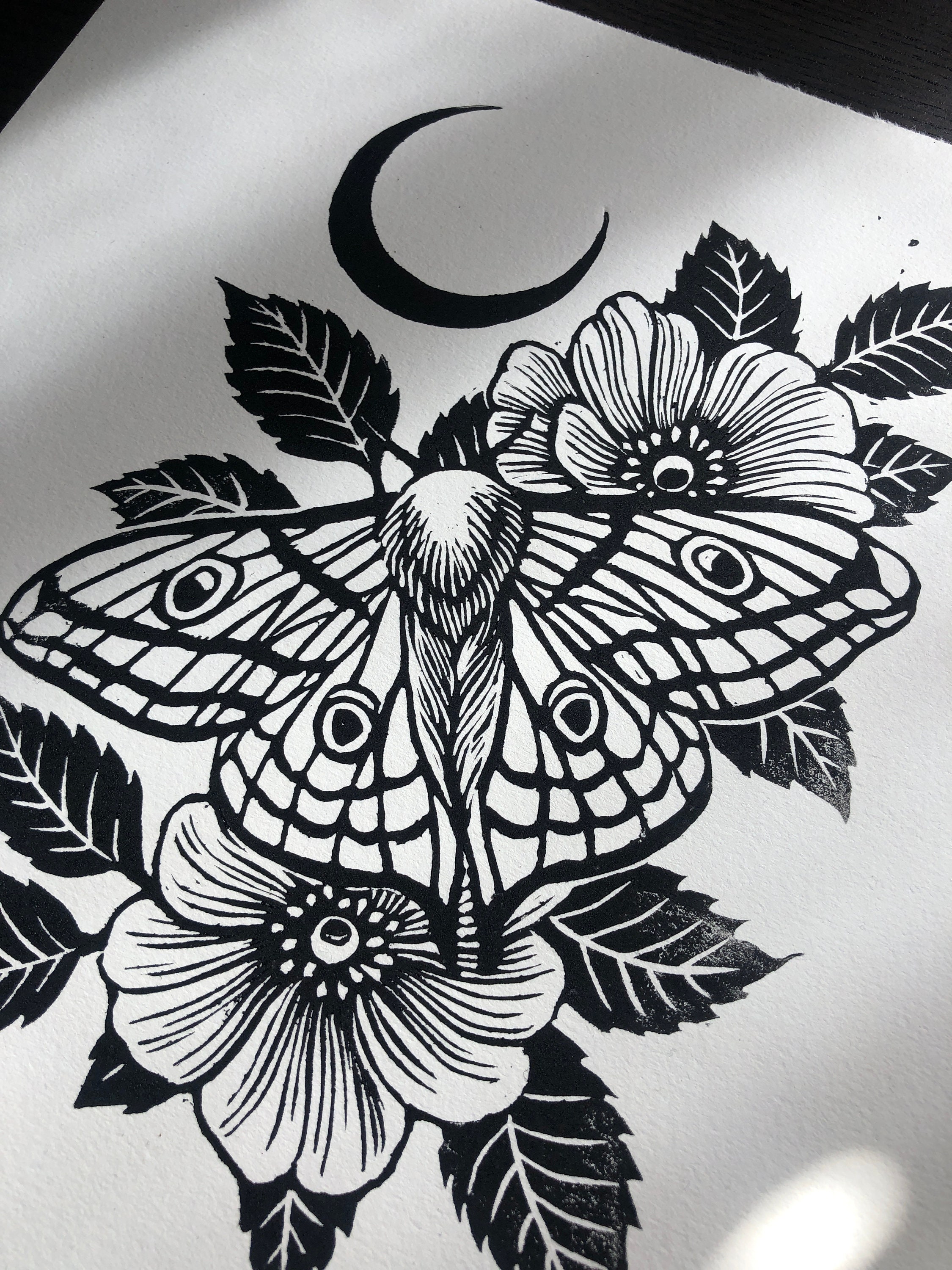 Moon and Moth Linocut Linoprint Handmade Print - Etsy