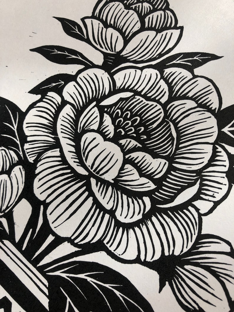 Peonies Vase - Original Linocut Print, A3 Linoleum Print, Hand Printed ...