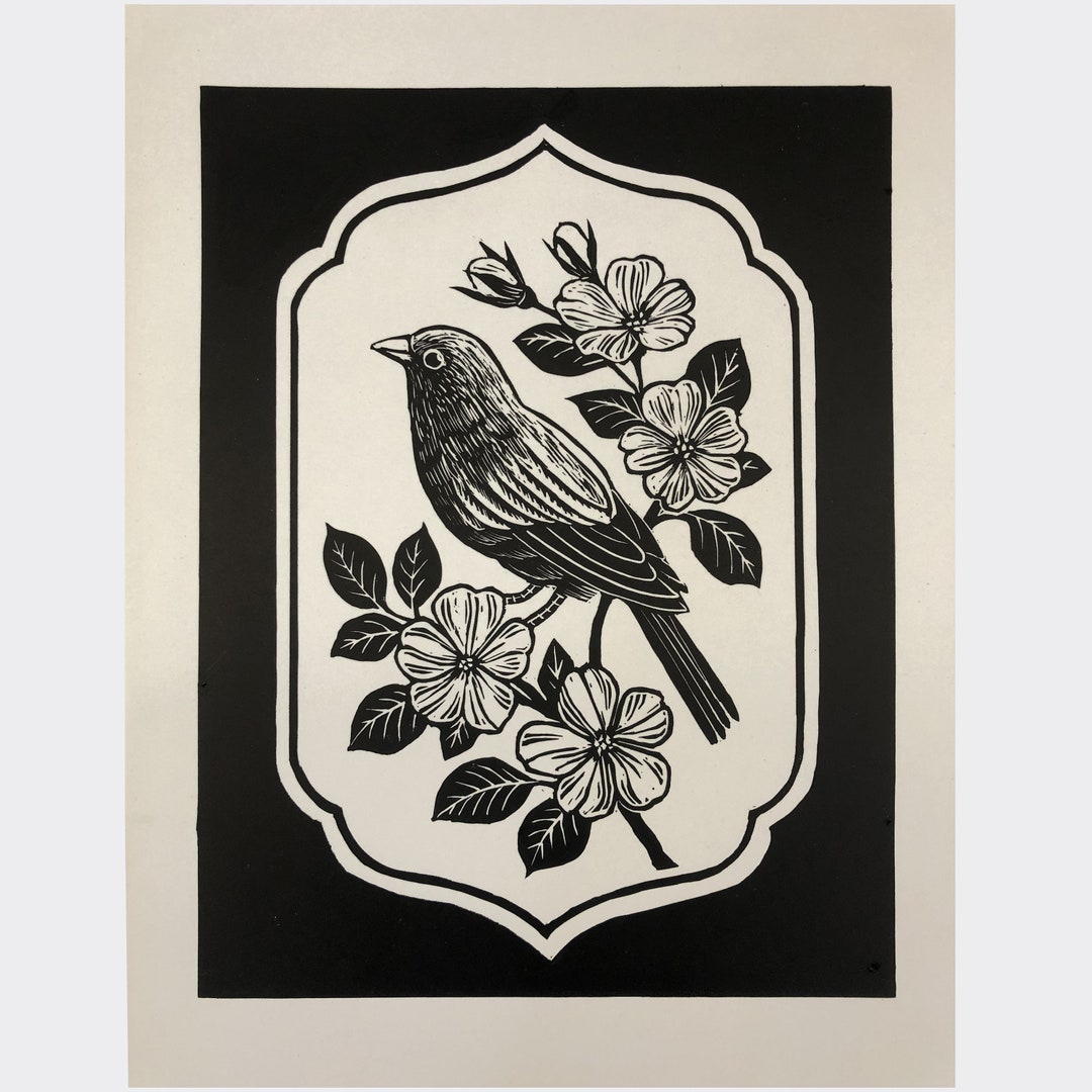Bird and Flowers Handmade Linocut Print - Etsy