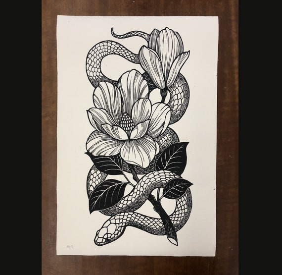 Snake and Magnolia Linocut Lino Print - Etsy