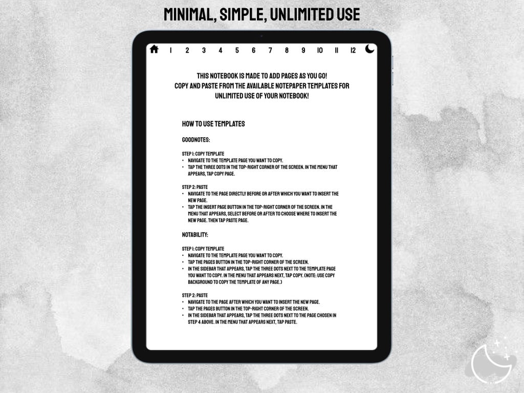 12 Section Notebook, Digital Notebook , Minimalist Notebook, PDF ...