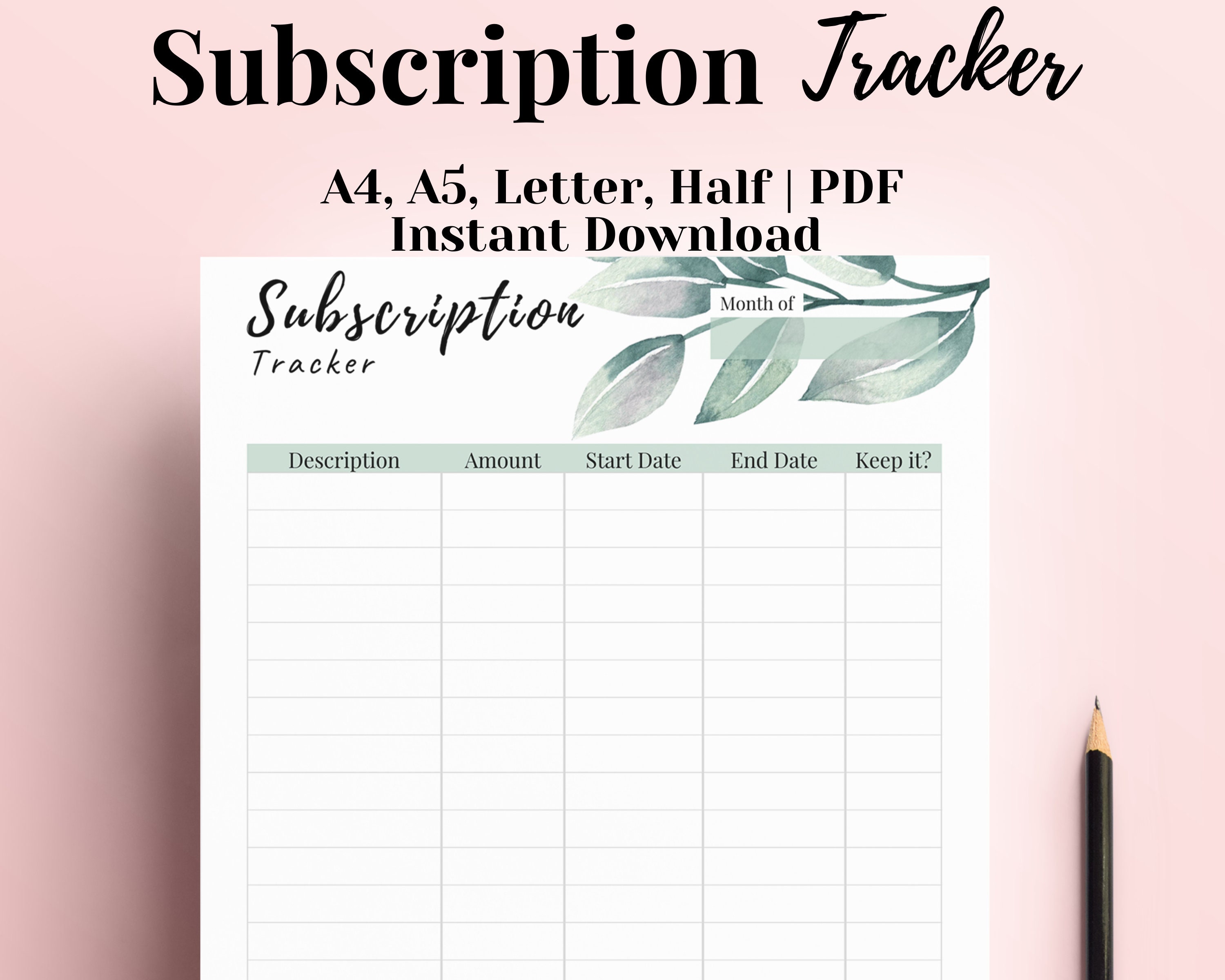 Subscription Tracker Printable, Membership Tracker, Monthly ...