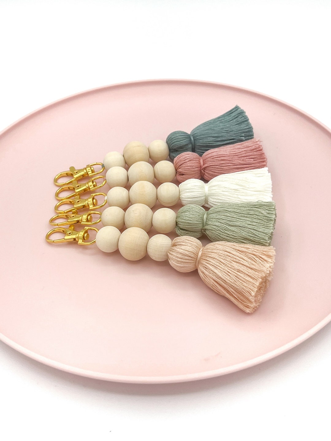 Simple Tassel Keychain / Wood Bead Keyring / Beaded Accessory for Work ...