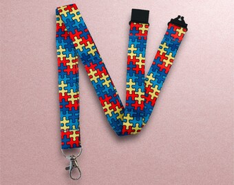 Autism Awareness Jigsaw Lanyard Neck Strap, ID HOLDER Safety Breakaway ...