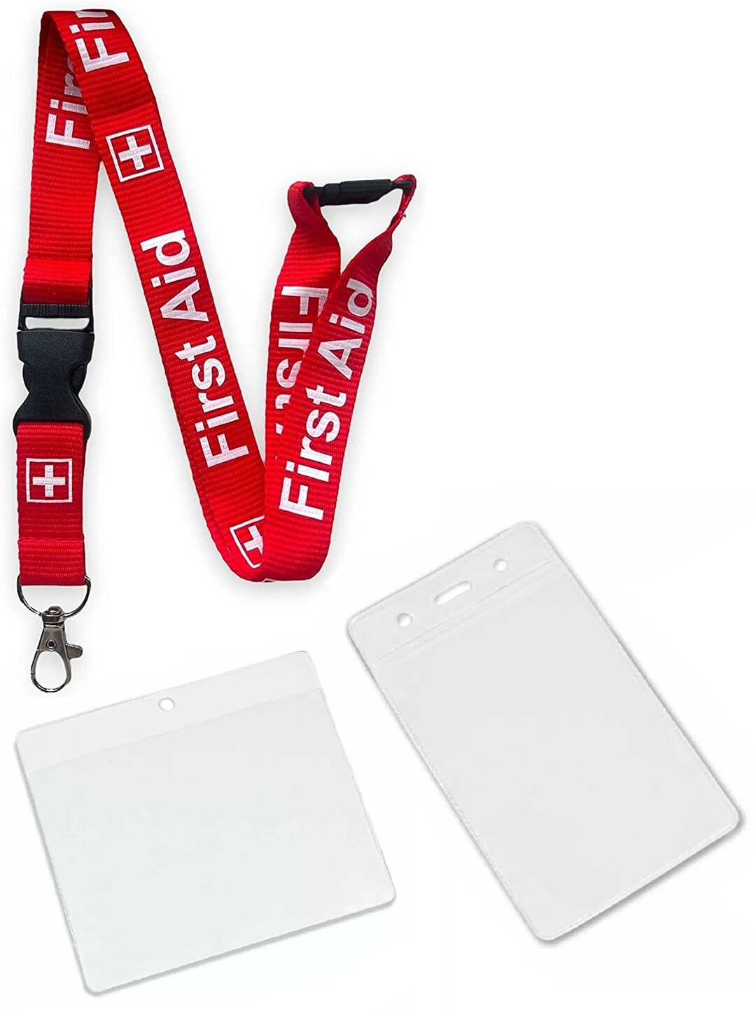 Red First Aid Lanyard With Detachable Clip & Flexible Clear Plastic ...