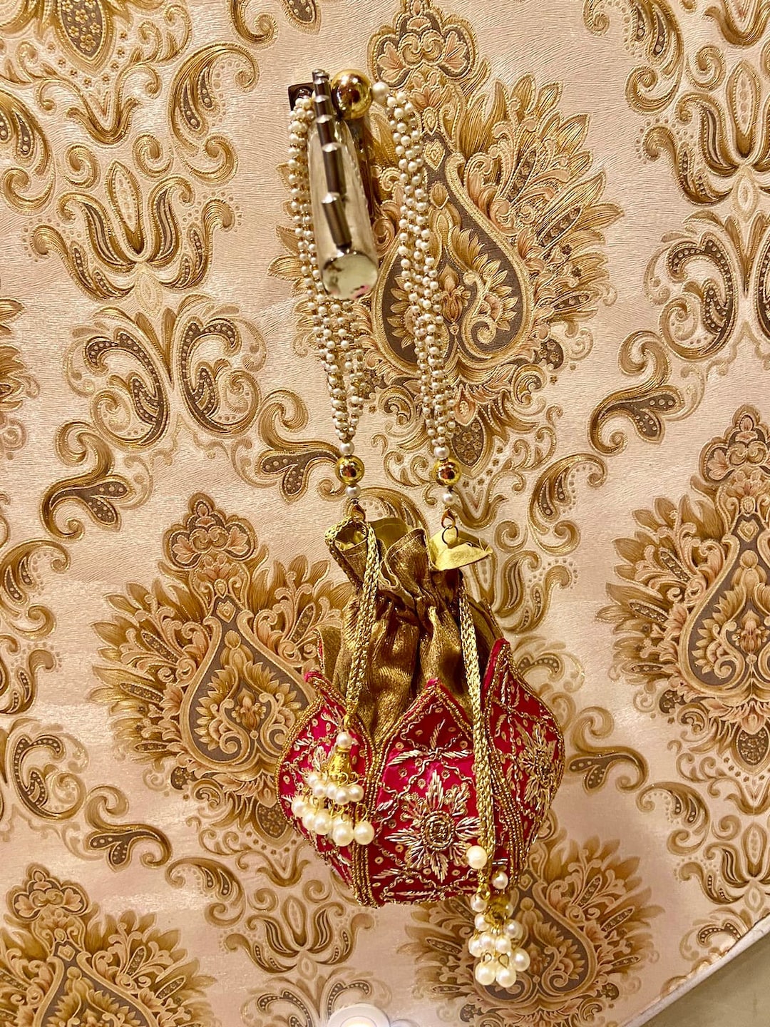 Lotus Potli Bag: Pink Wedding Clutch With Pearl Strings - Etsy