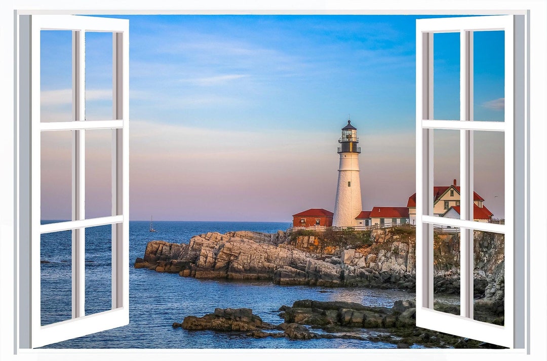Lighthouse Through the Window Fabric Panel, OCE-038, Panel Size is 28 ...