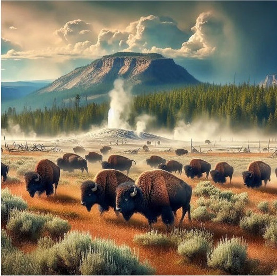 Buffalo at Old Faithful Fabric Panel, Quilt Panel, Quilting Cotton ...