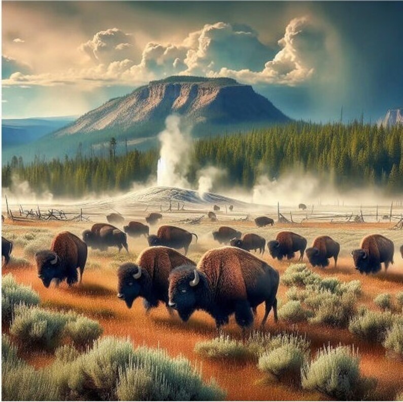 Buffalo at Old Faithful Fabric Panel, Quilt Panel, Quilting Cotton ...