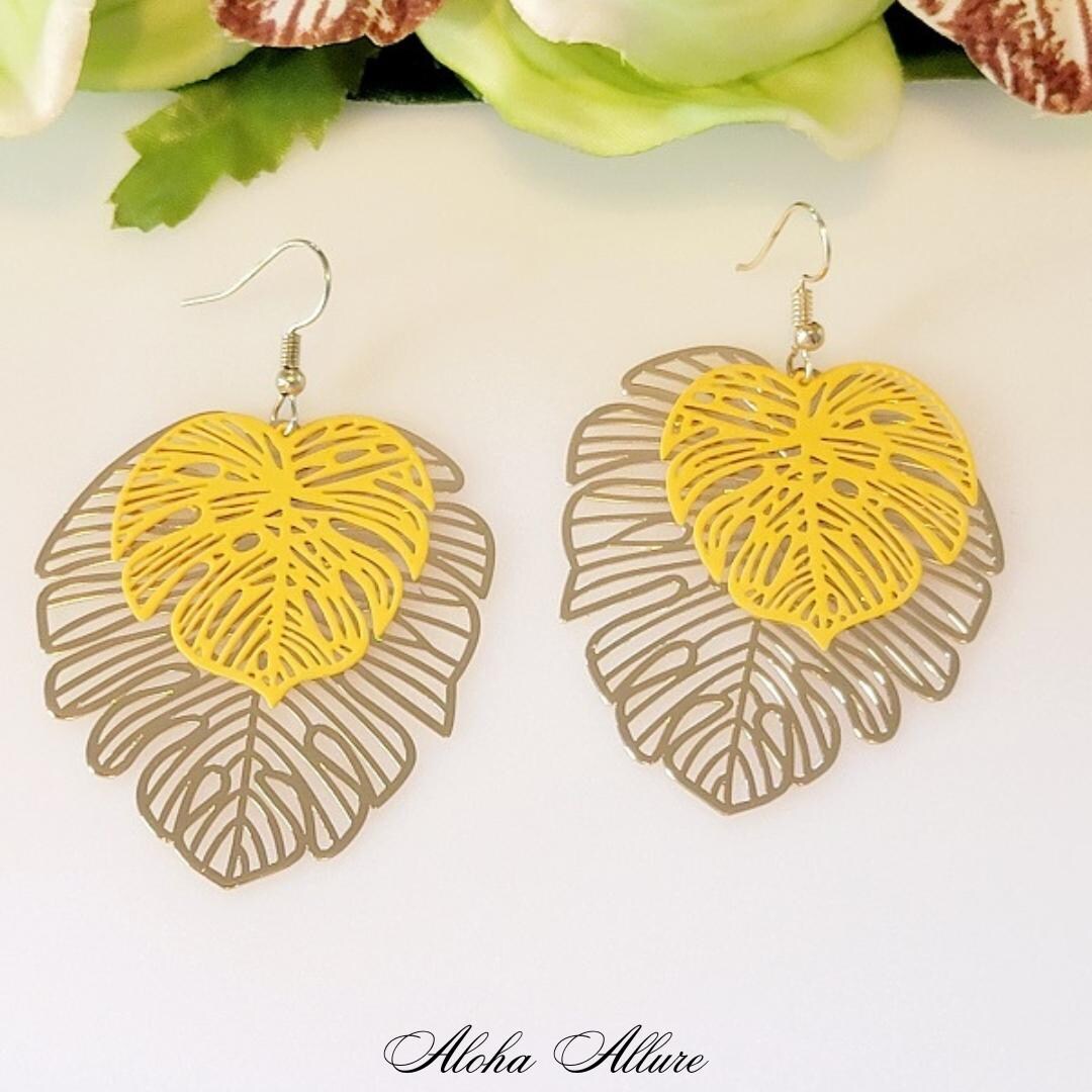 Monstera Leaf Shell Earrings - Gold Hawaiian Earrings - Floral Earrings ...