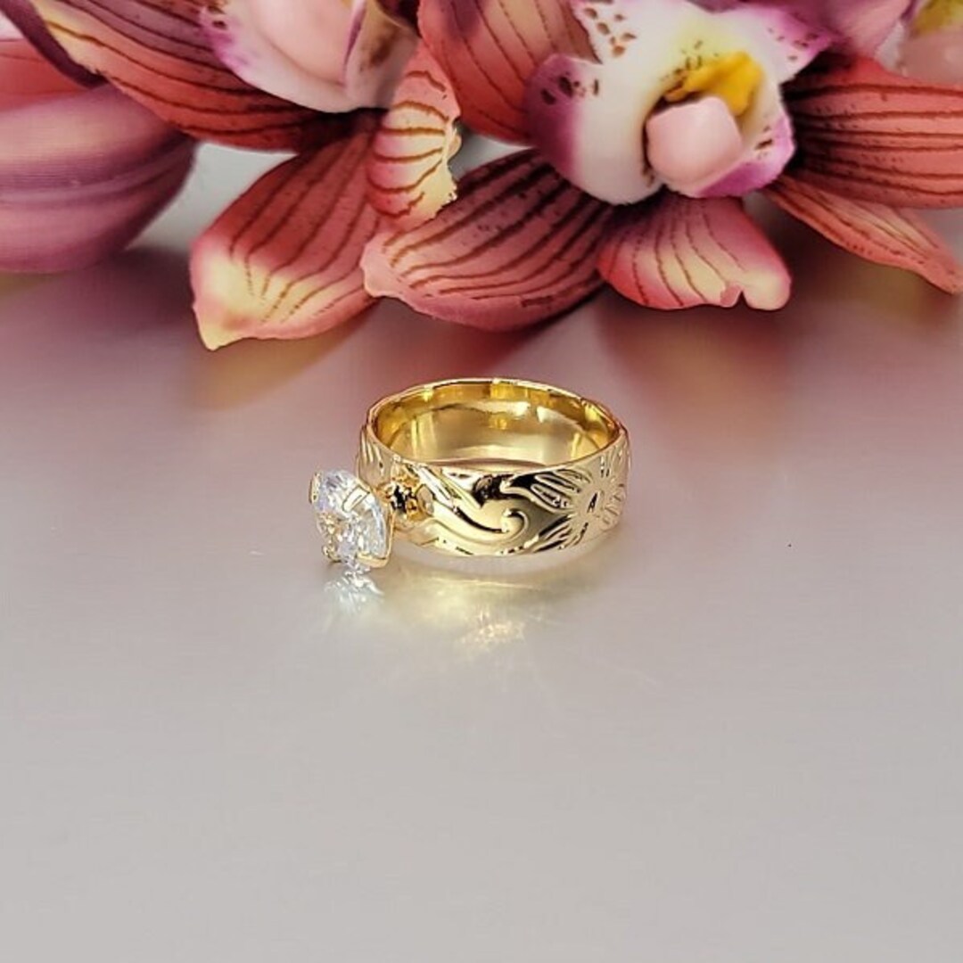 Hawaiian Gold Floral Scroll CZ Band Ring - Gold Ring - Hawaiian Ring ...