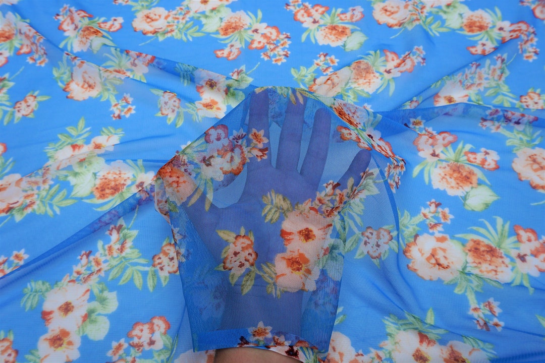 Power Net Mesh Fabric Floral Cornflower Blue & Rust | 62 Inch Width | 2 ...
