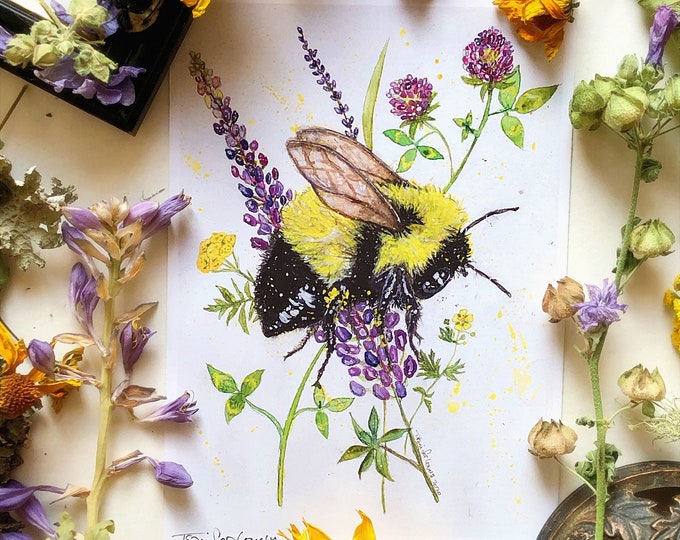 Bumble Bee Art Print Bee Art Bumble Bee Watercolor Floral - Etsy