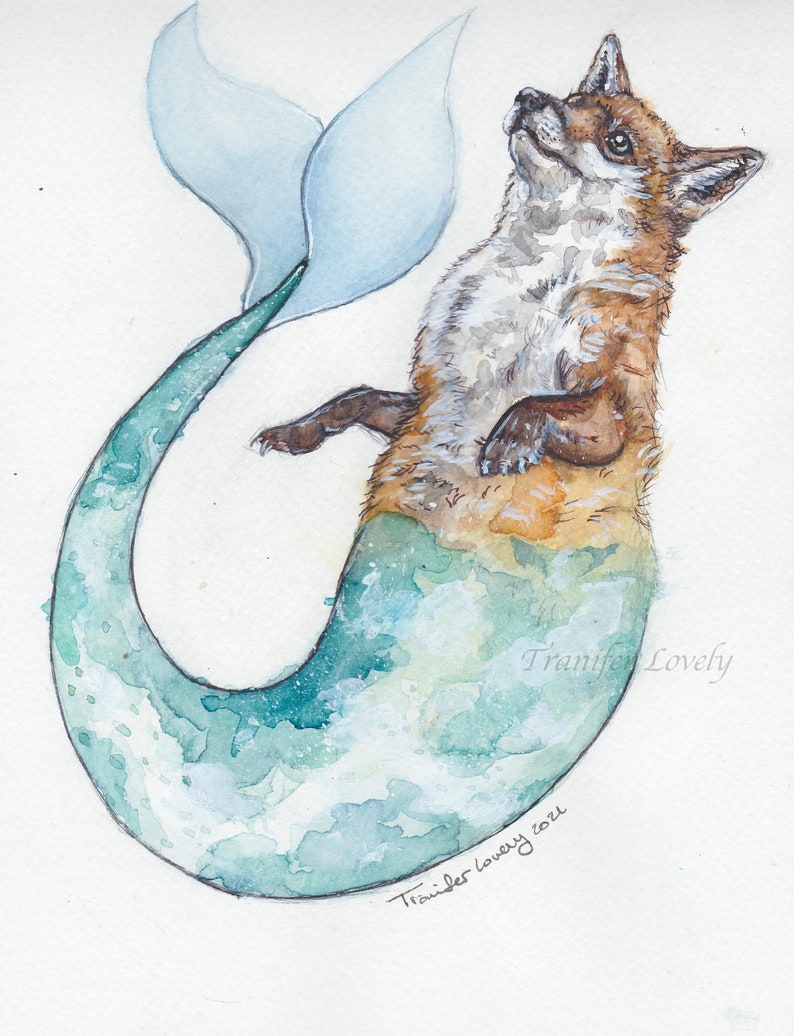 Mermaid Fox, Art Prints, Fox Art, Cute Animal Art, Mermaid Watercolor ...