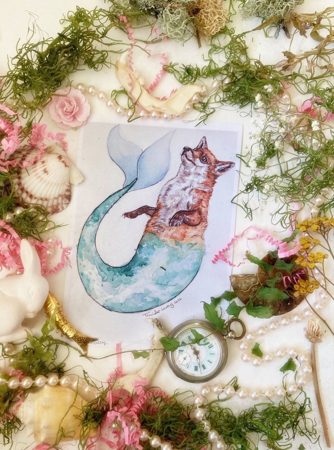 Mermaid Fox, Art Prints, Fox Art, Cute Animal Art, Mermaid Watercolor ...