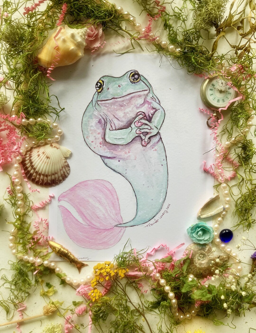 Mermaid Frog, Art Prints, Frog Art, Cute Animal Art, Mermaid Watercolor ...