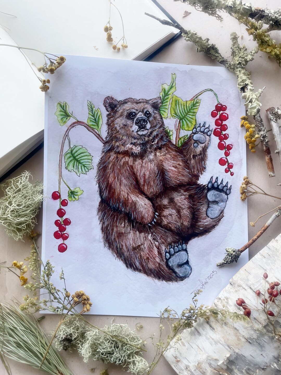 Brown Bear Art Prints, Watercolor Painting, Cute Animal Art, Red ...
