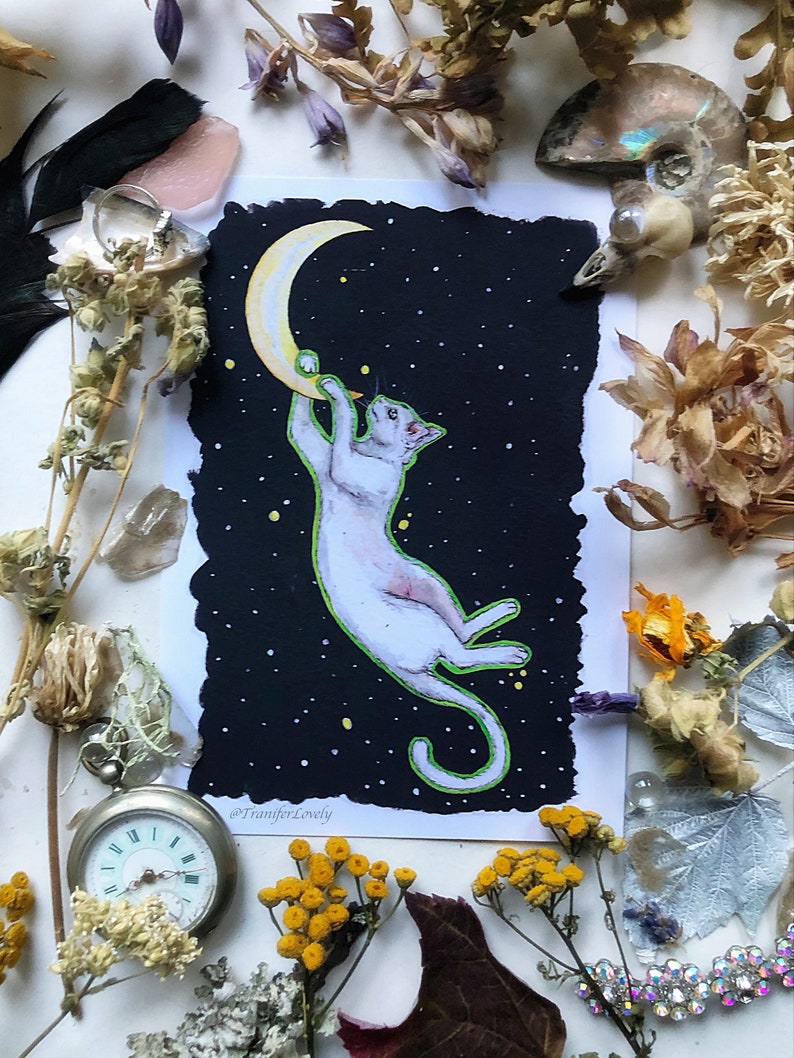 Moon Cat, Art Prints, Watercolor Painting, Cat Art, Witch Art ...