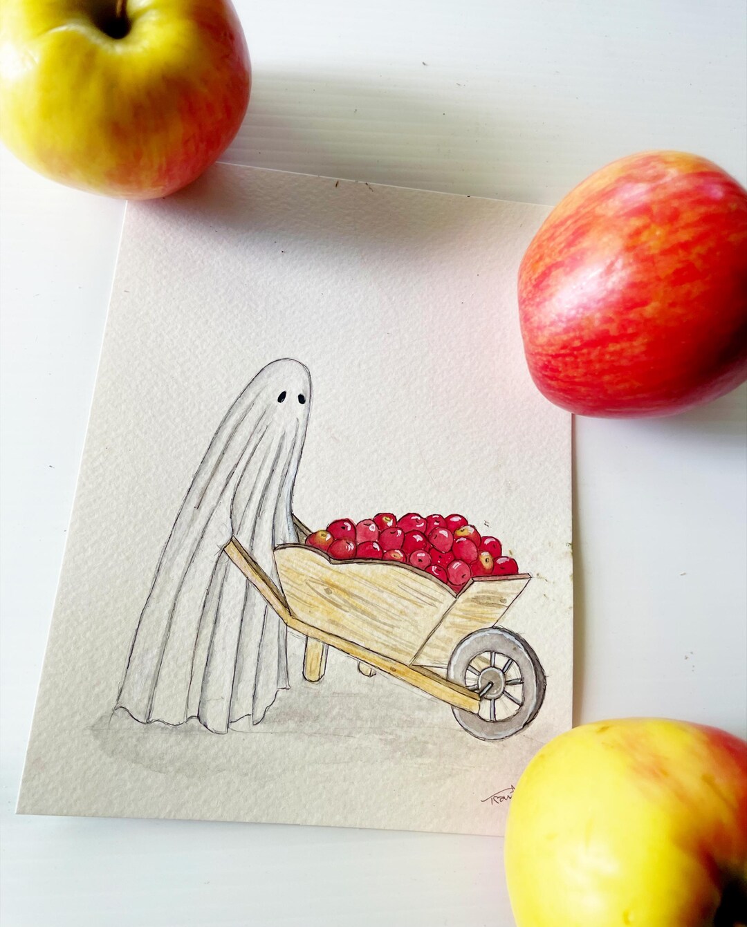 Apple Ghost, Original Art, Watercolor Painting, Food Painting, Ghost ...