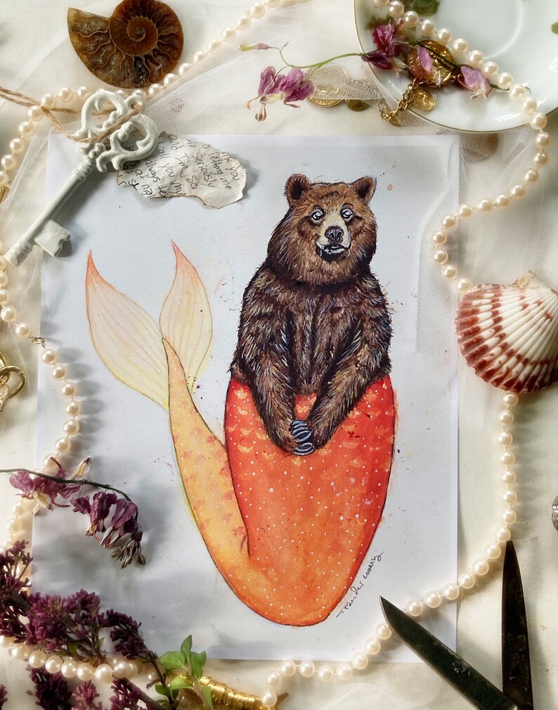 Mermaid Bear Art Prints Bear Art Cute Animal Art Mermaid - Etsy