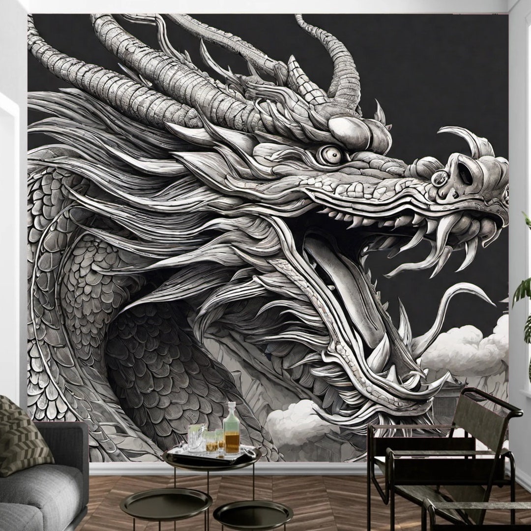 Dragon Wall Mural Wallpaper, Black and White Art Wall Decal Peel and ...