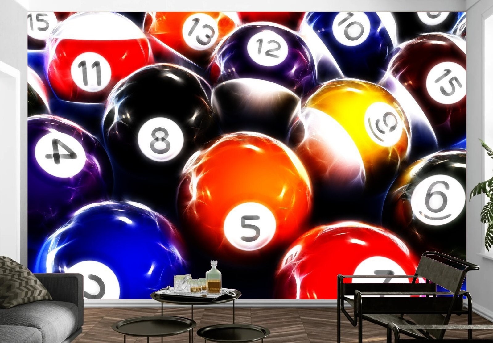 Pool Balls Wall Mural Wallpaper, Game Room Billiards Peel and Stick ...