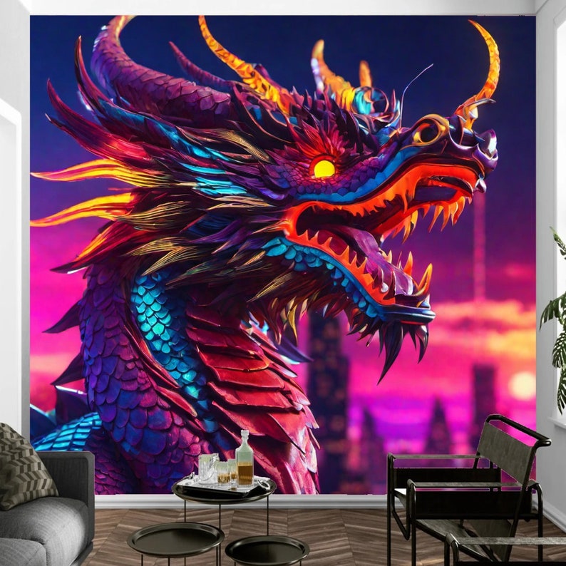 Dragon Wall Mural Wallpaper, Neon Art Wall Decal Peel and Stick ...