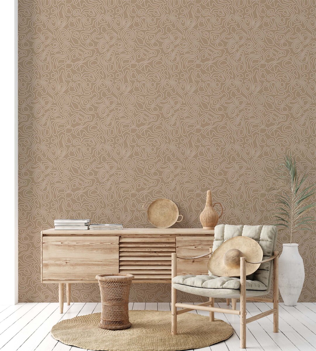 Line Art Brown Wallpaper for Wall Modern Pattern Peel and - Etsy