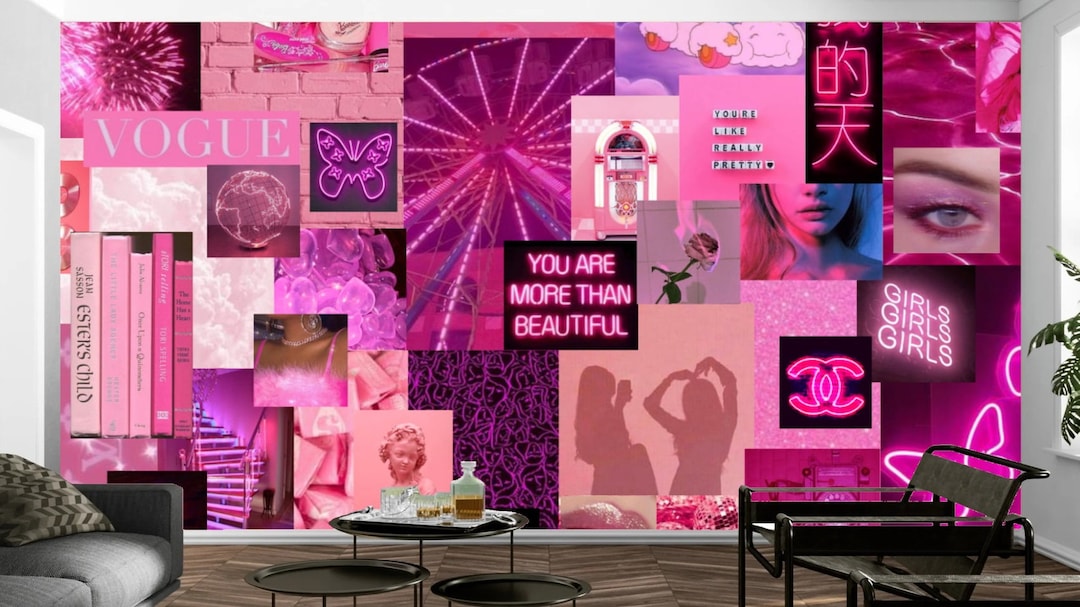 Girls Room Wall Mural, Pink Peel and Stick, Removable Wall Art Poster ...