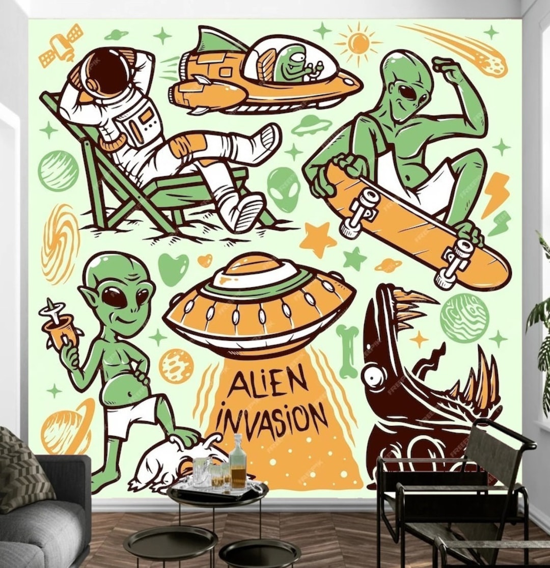 Alien Invasion Wall Mural Wallpaper, Alien Wall Decal Peel and Stick ...