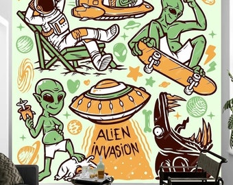 Alien Abduction Wall Mural Wallpaper, Alien Wall Decal Peel and Stick ...
