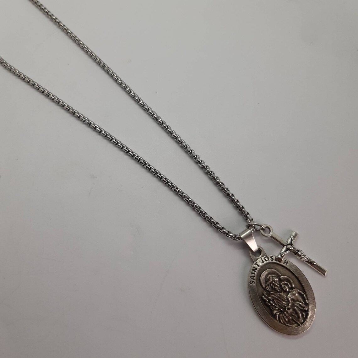 St Joseph Necklace. Stainless Steel Box Chain With Saint Medal and ...