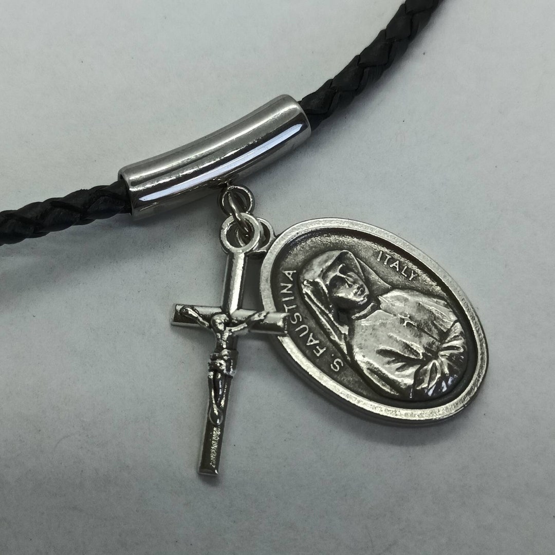 St Faustina | Divine Mercy Medal | Thin, Braided Leather Necklace With ...