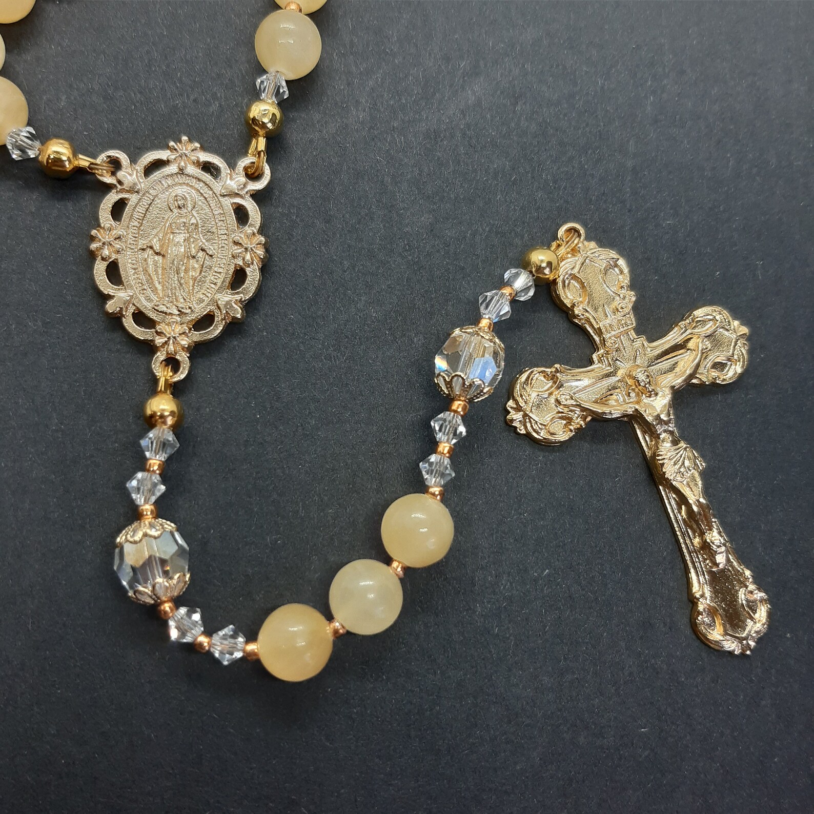 Handmade Natural Honey Jade Yellow Rosary With Italian Gold Toned ...