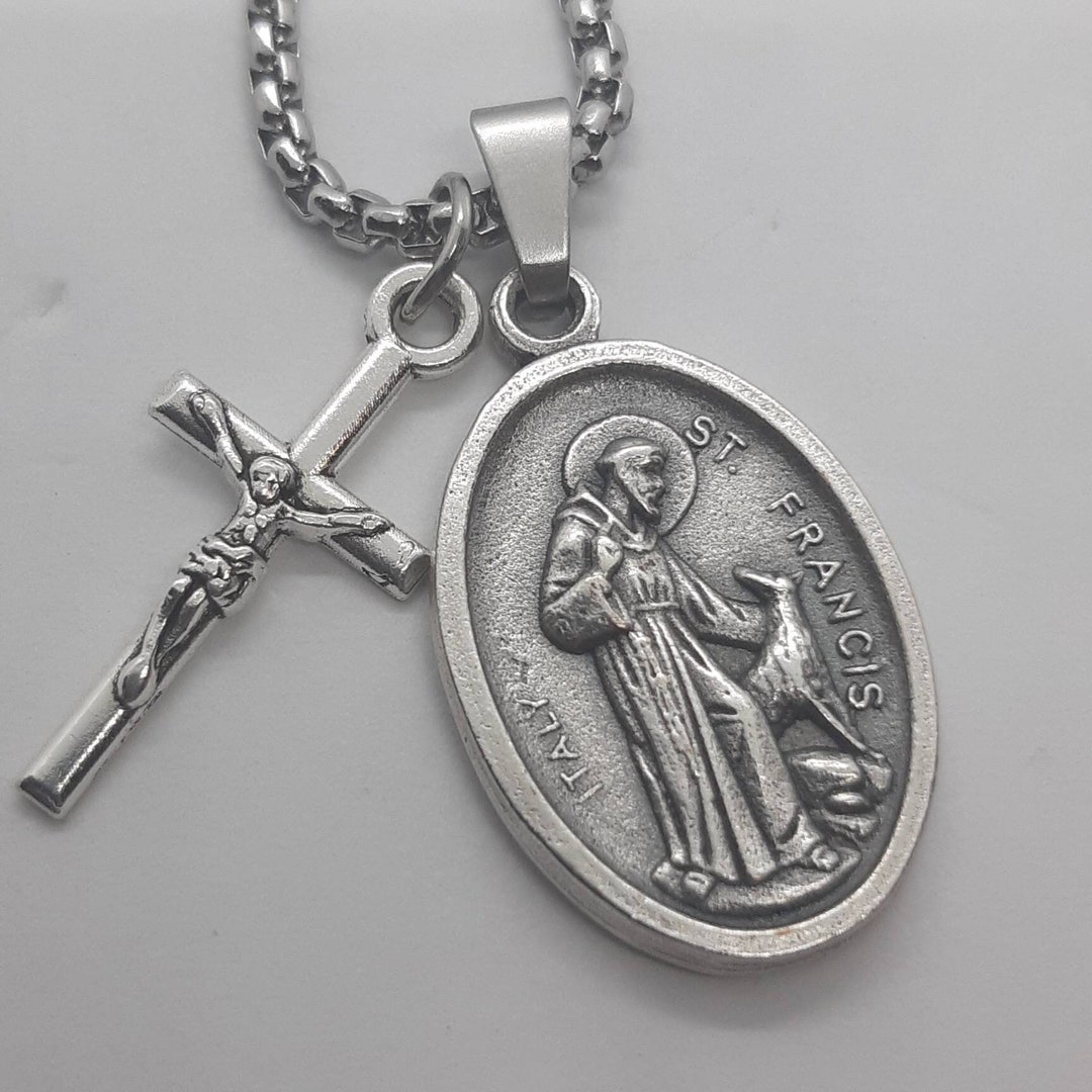St Francis of Assisi Necklace. Stainless Steel Box Chain With Saint ...