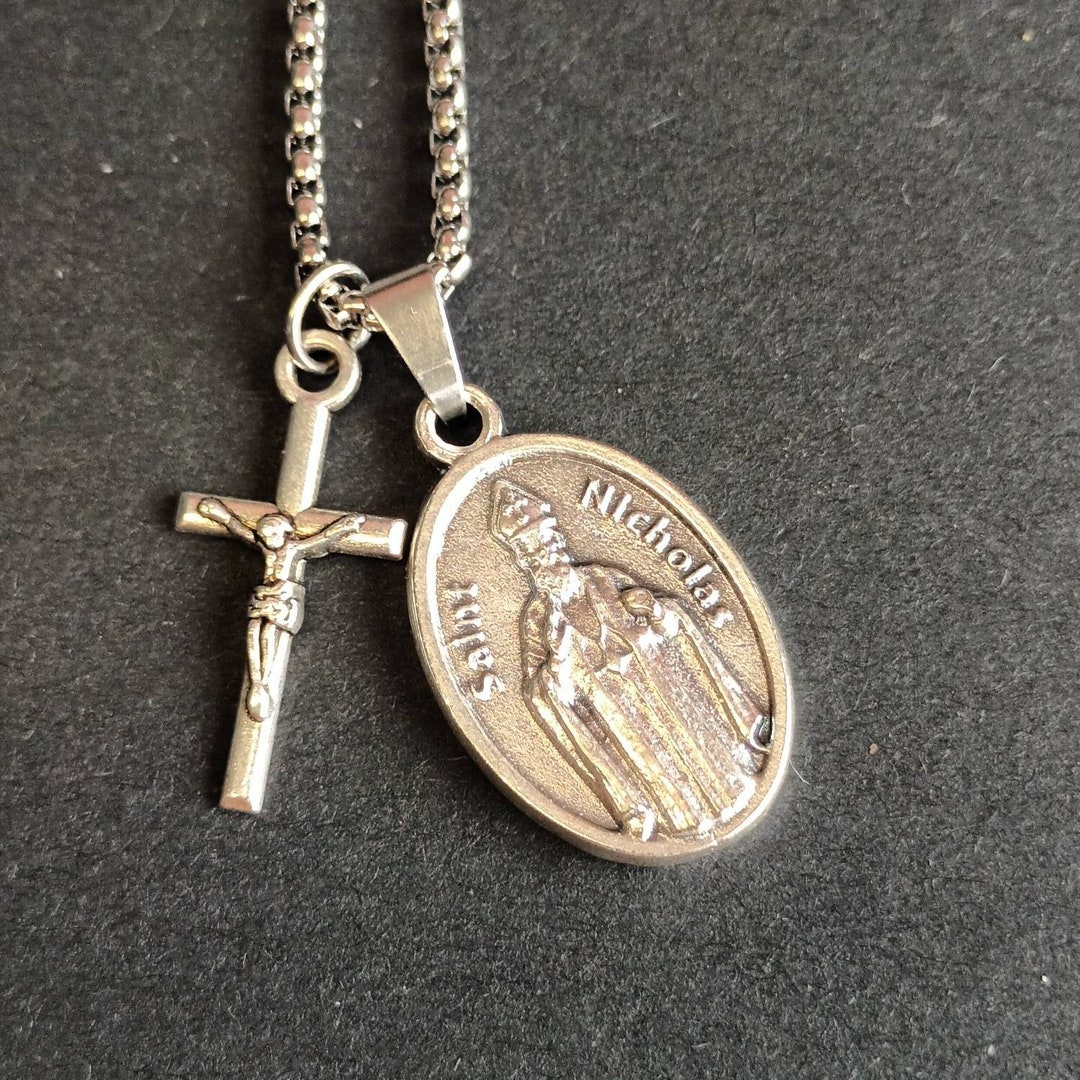St Nicholas Necklace. Stainless Steel Box Chain With Saint Medal and ...