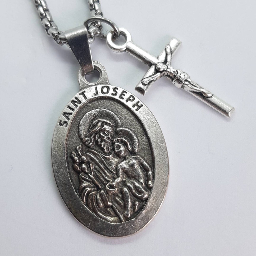 St Joseph Necklace. Stainless Steel Box Chain With Saint Medal and ...