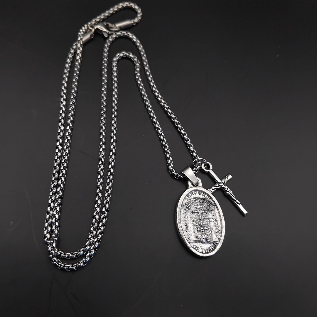 Shroud of Turin | Stainless Steel Box Chain With Medal and Crucifix. - Etsy