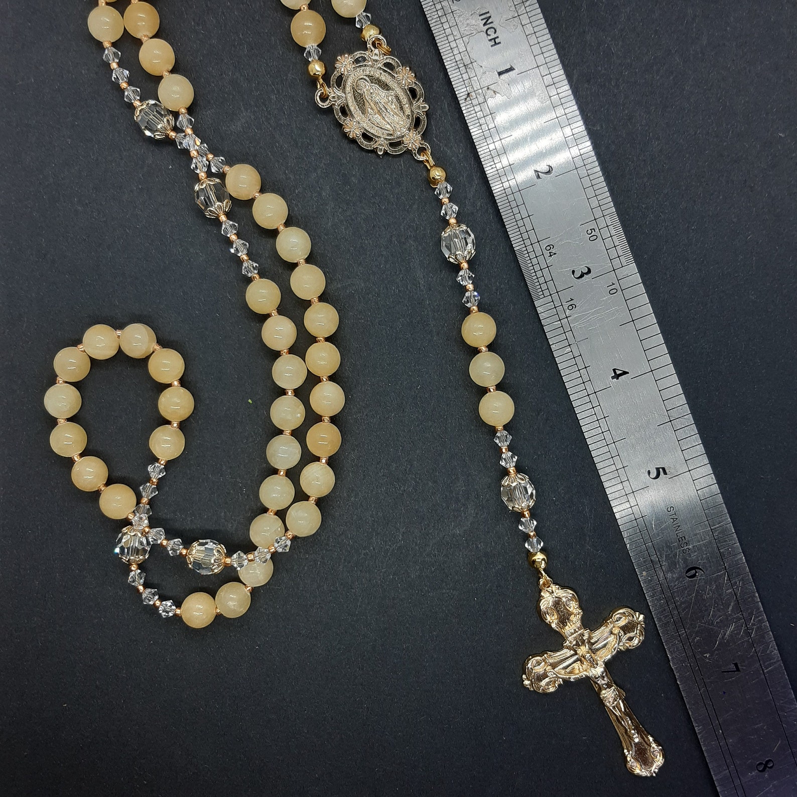 Handmade Natural Honey Jade Yellow Rosary With Italian Gold Toned ...