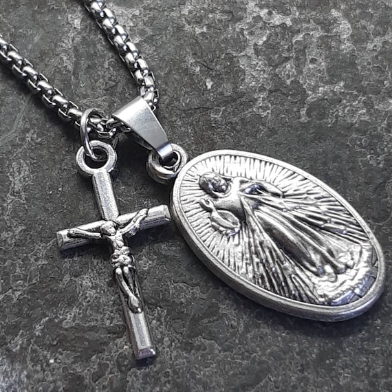 Divine Mercy Necklace. Stainless Steel Box Chain With Saint - Etsy