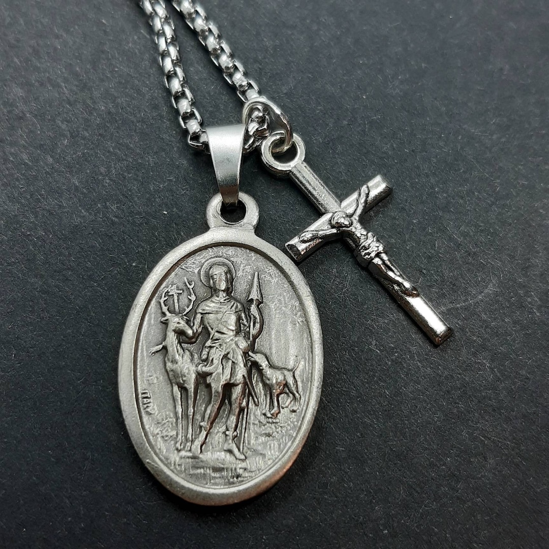 St Hubert | Stainless Steel Box Chain With Saint Medal and Crucifix. - Etsy