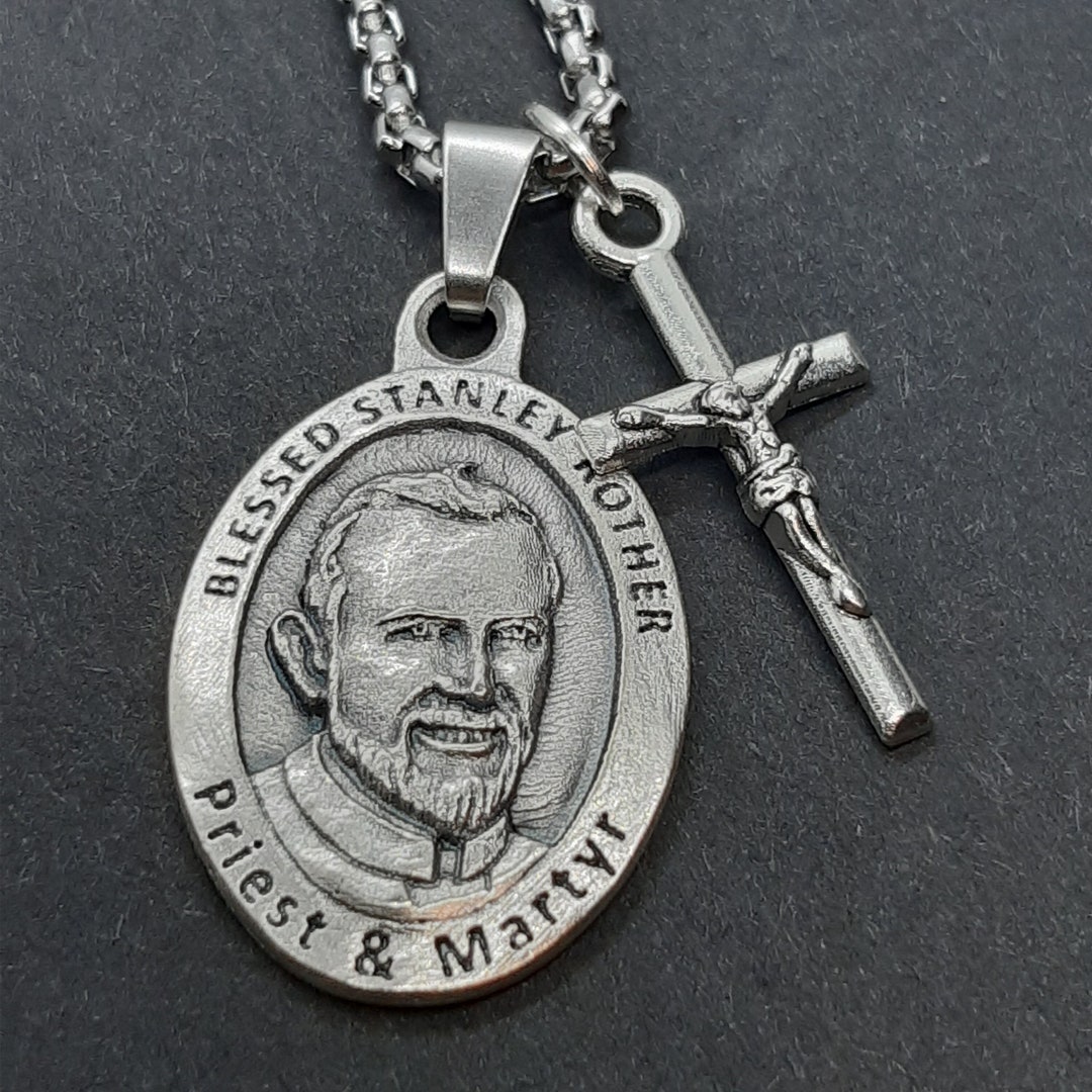 Bl. Stanley Rother necklace. Stainless steel box chain with silver ...