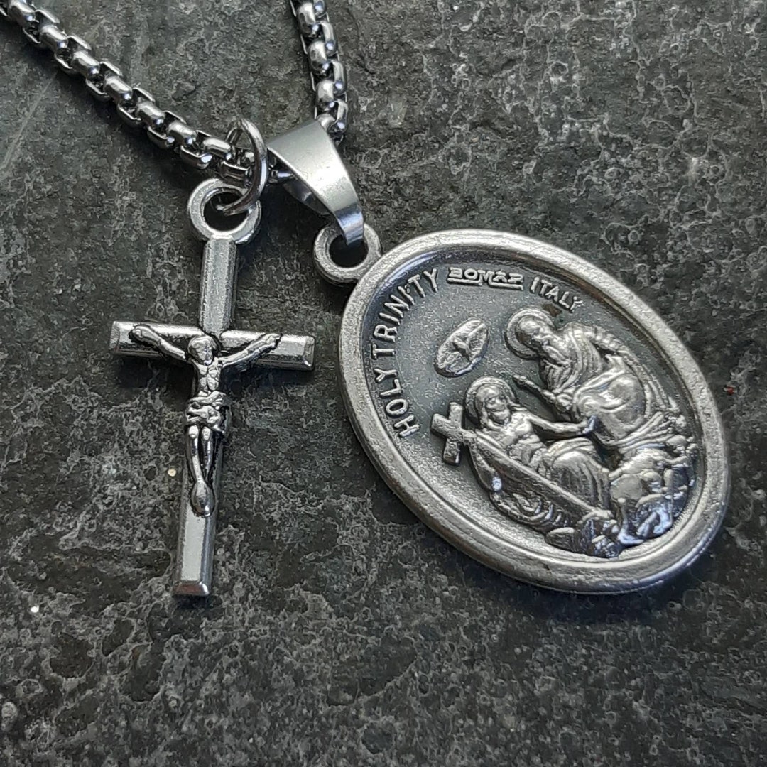 Holy Trinity Necklace. Stainless Steel Box Chain With Saint Medal and ...